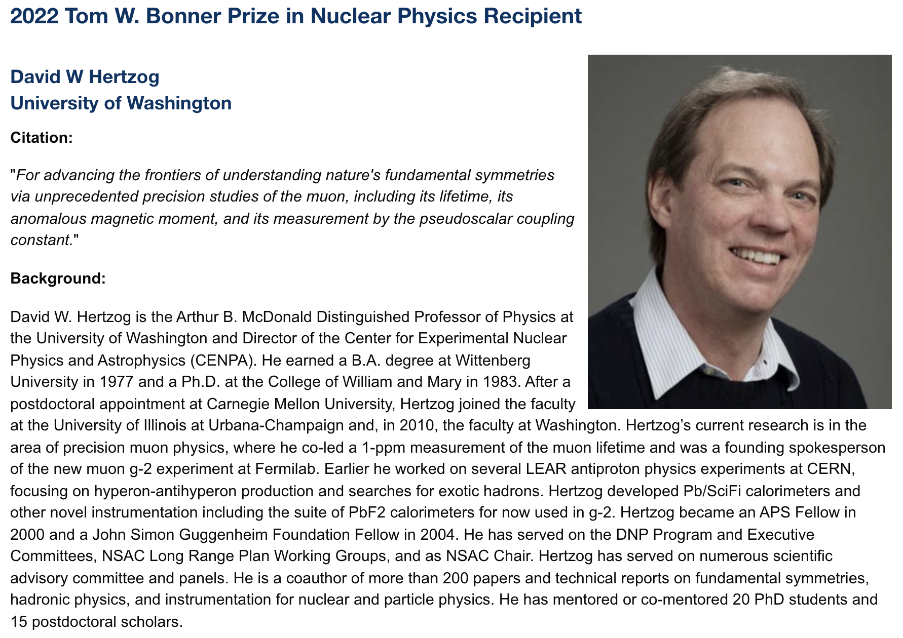 UW’s David Hertzog is awarded the APS’s Tom Bonner Prize – IQuS